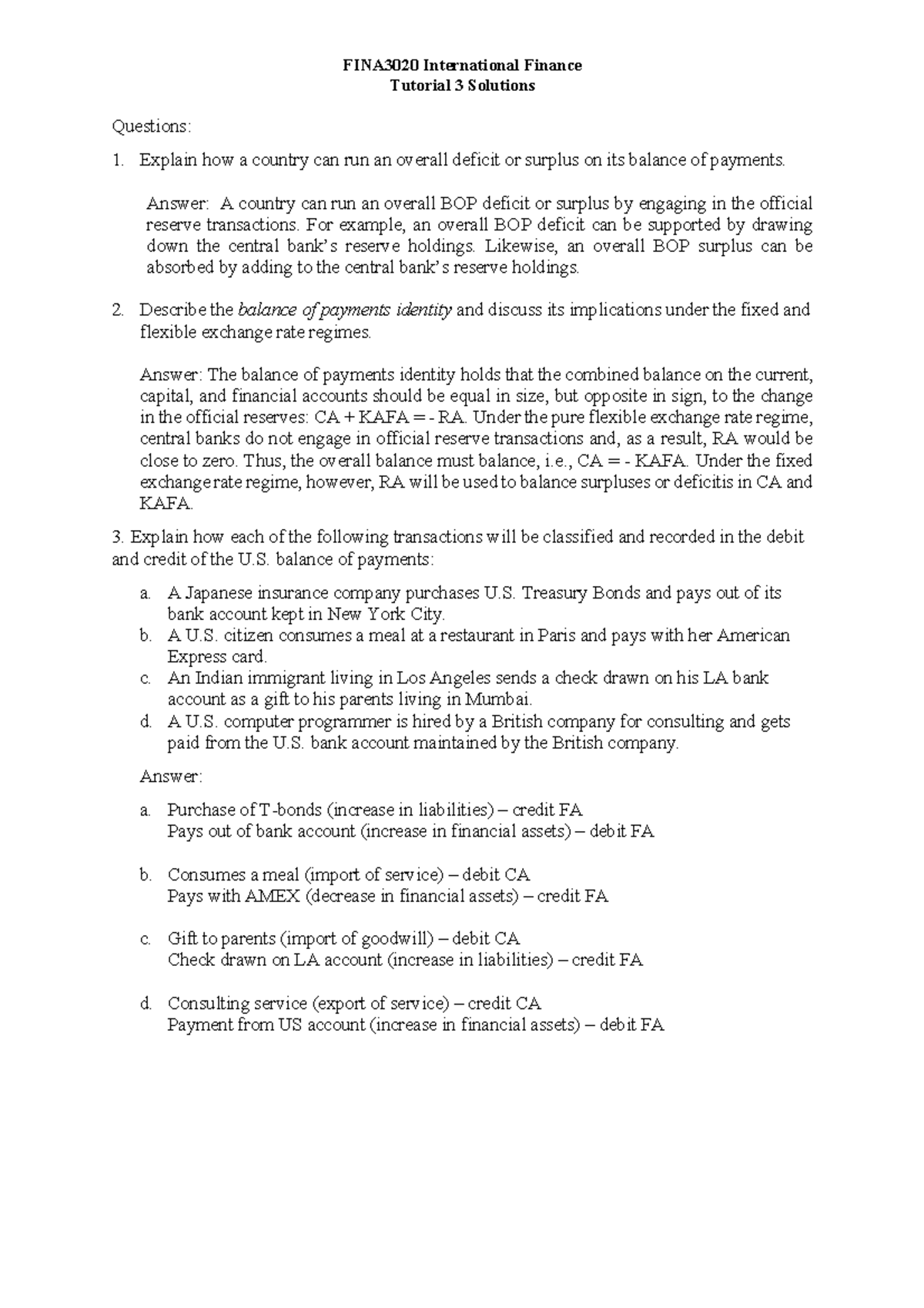 FINA3020 Tutorial 3 Solutions - FINA3020 International Finance Tutorial ...