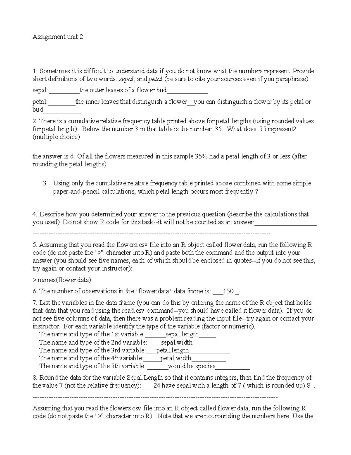 Assignment unit 2 - Provide short definitions of two words: sepal, and petal (be sure to cite ...