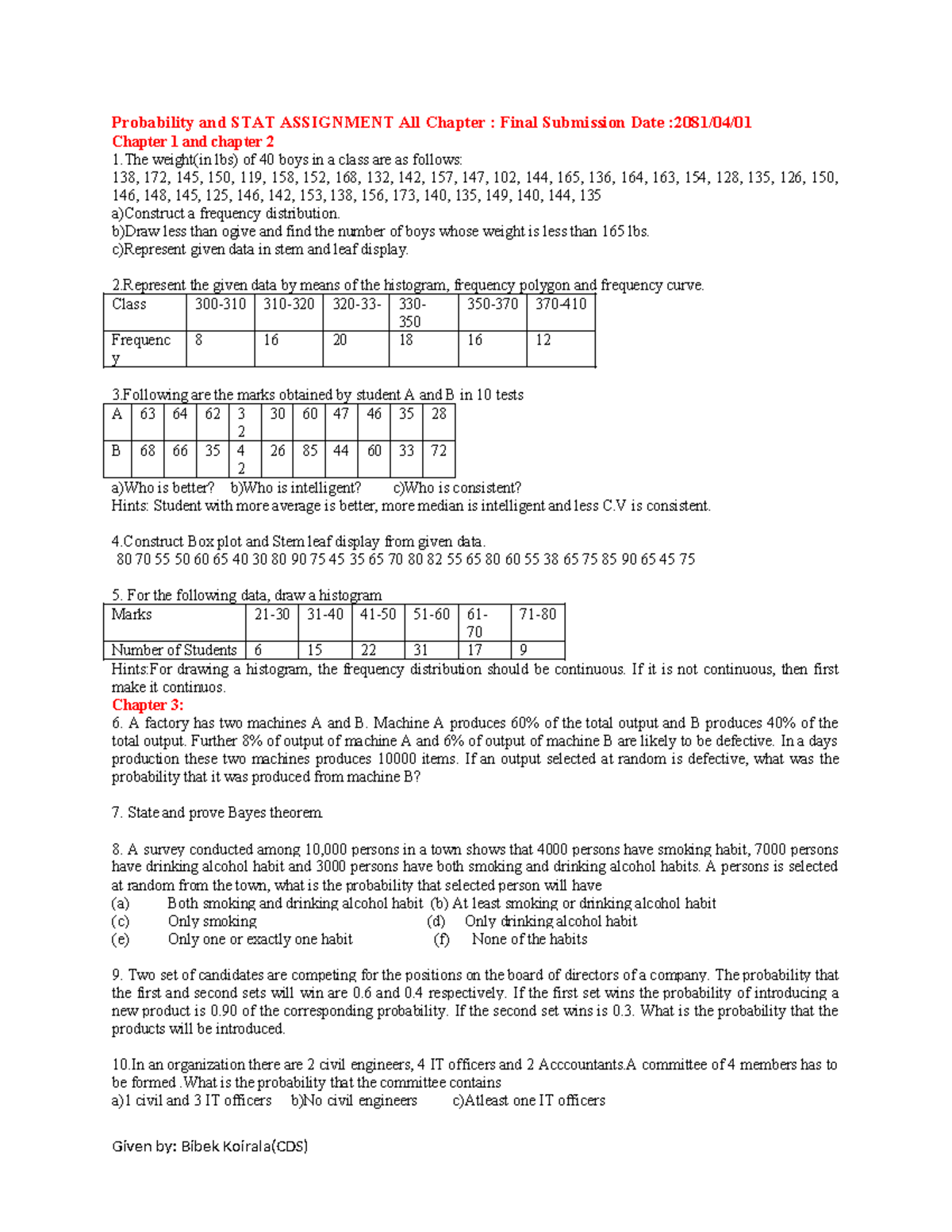 STAT tutorial - Some important questions for practice for exam point of view. - Probability and ...