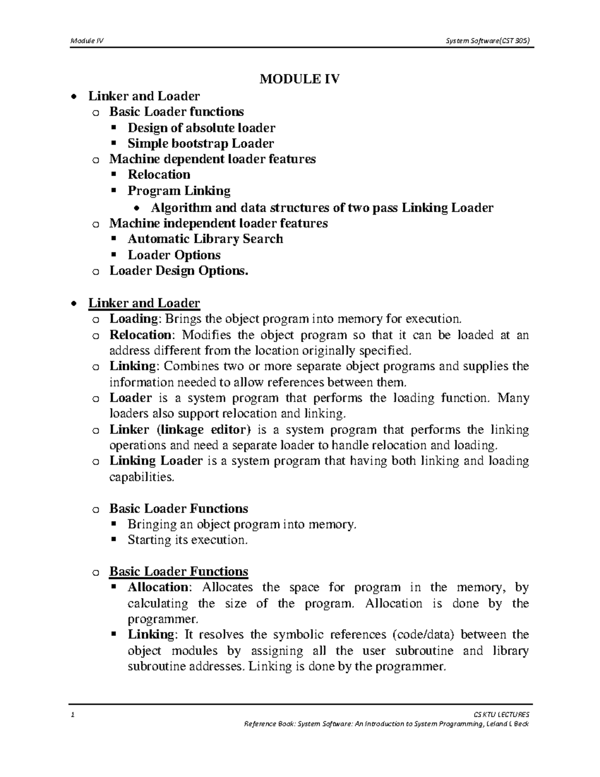 SS Module 4 - Ss mode4 - 1 CS KTU LECTURES MODULE IV Linker and Loader o Basic Loader functions ...