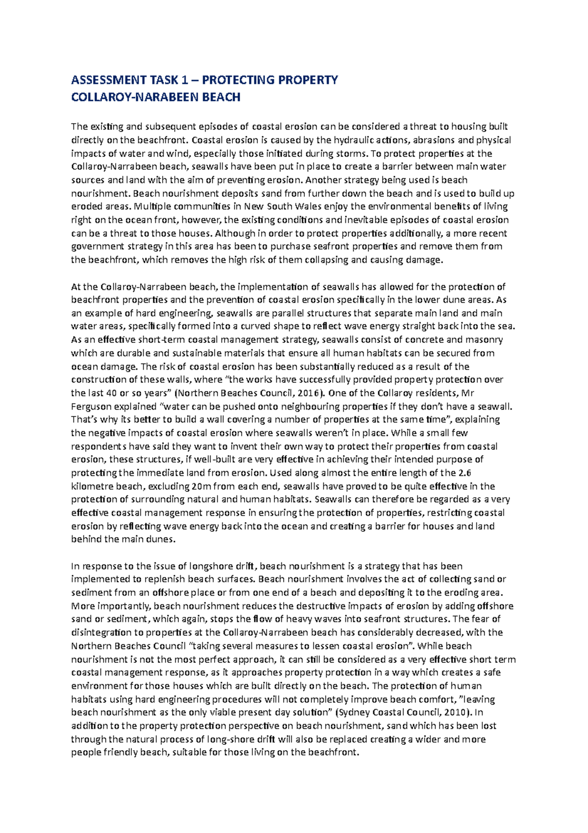 Geo essay - ASSESSMENT TASK 1 – PROTECTING PROPERTY COLLAROY-NARABEEN ...