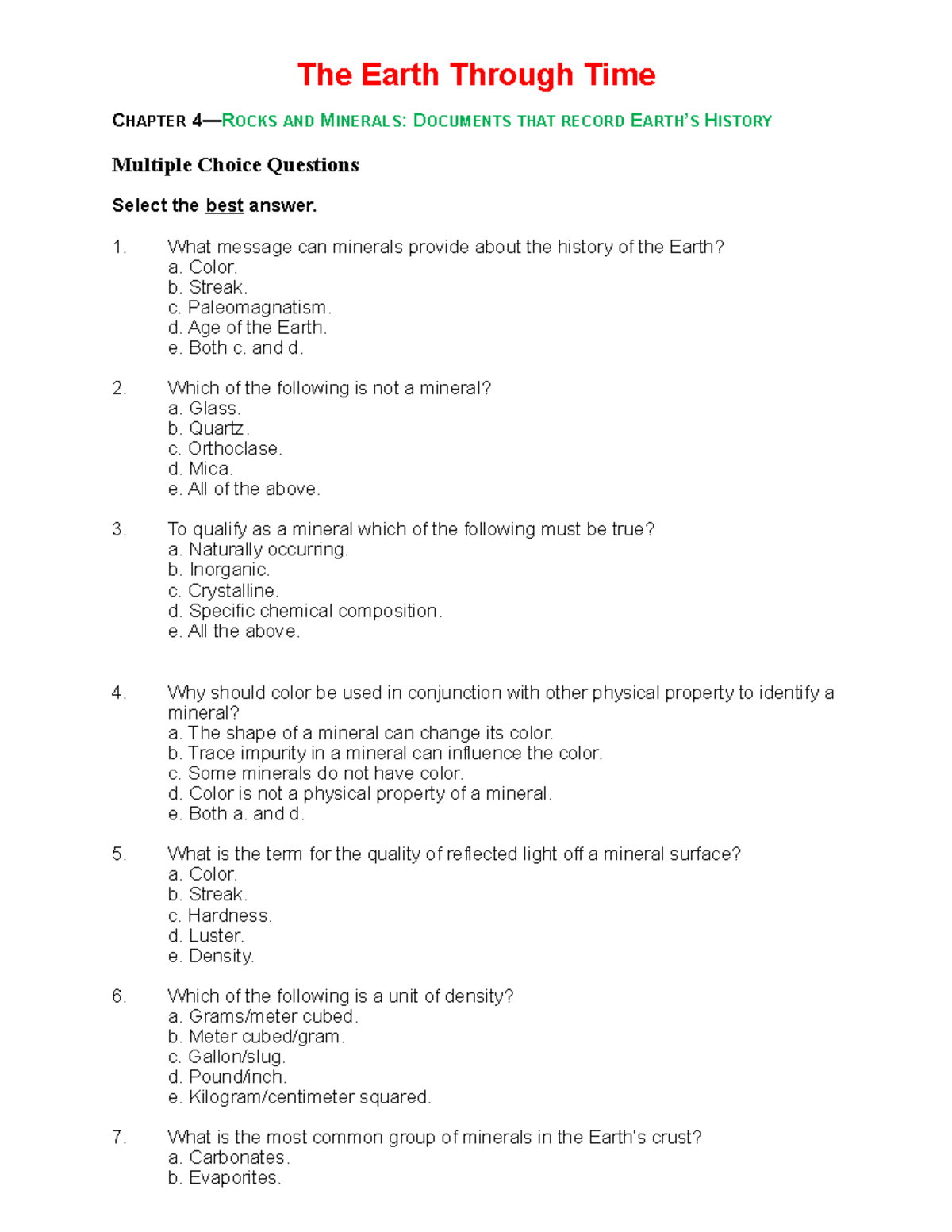 Ch04 Rocks and Minerals Documents That record Earth History Test - The ...