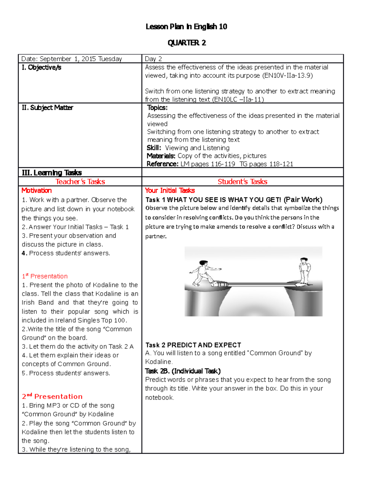 Test 1 15 August 2019, questions - Lesson Plan in English 10 QUARTER 2 ...