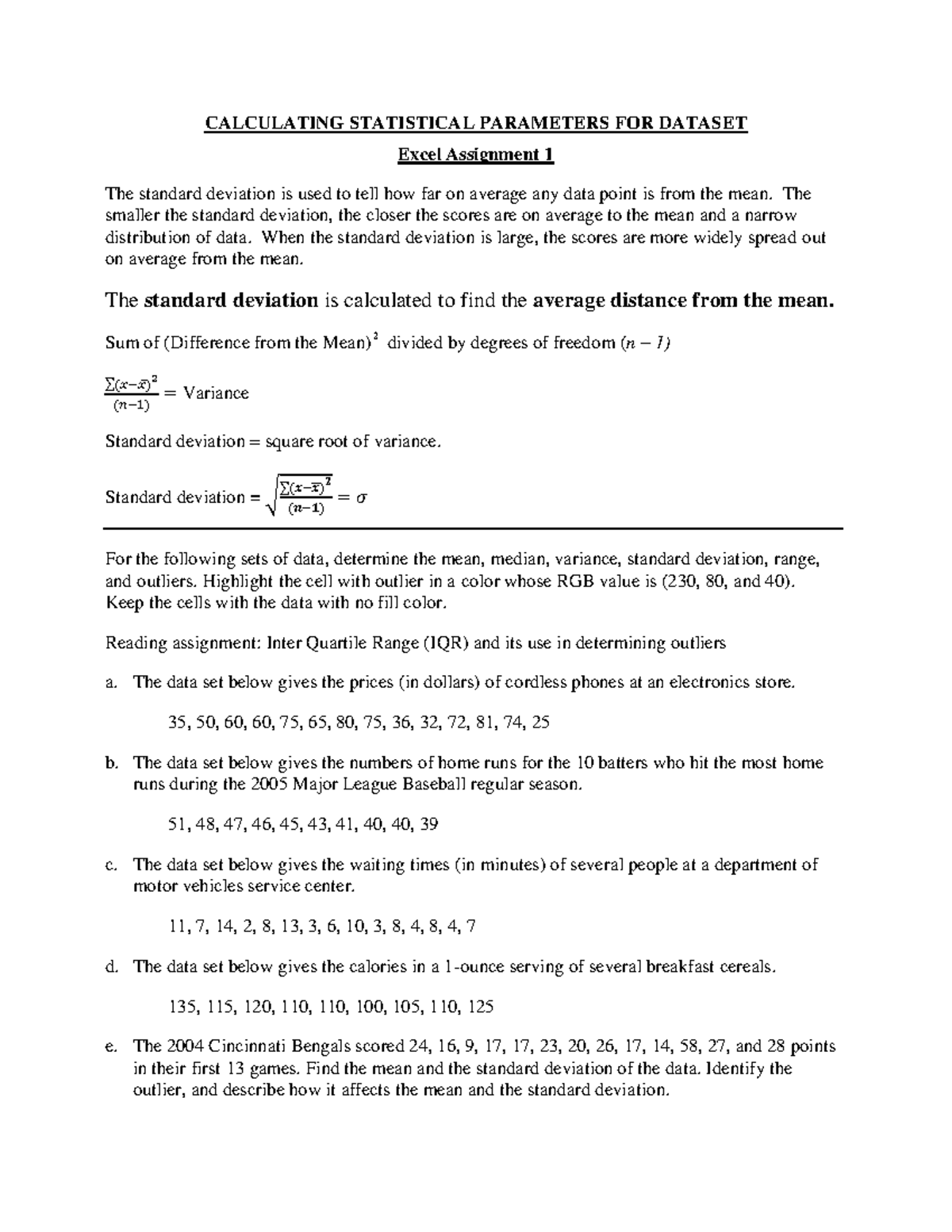 Excel Assignment 1 - ITSS3300 - CALCULATING STATISTICAL PARAMETERS FOR DATASET Excel Assignment ...