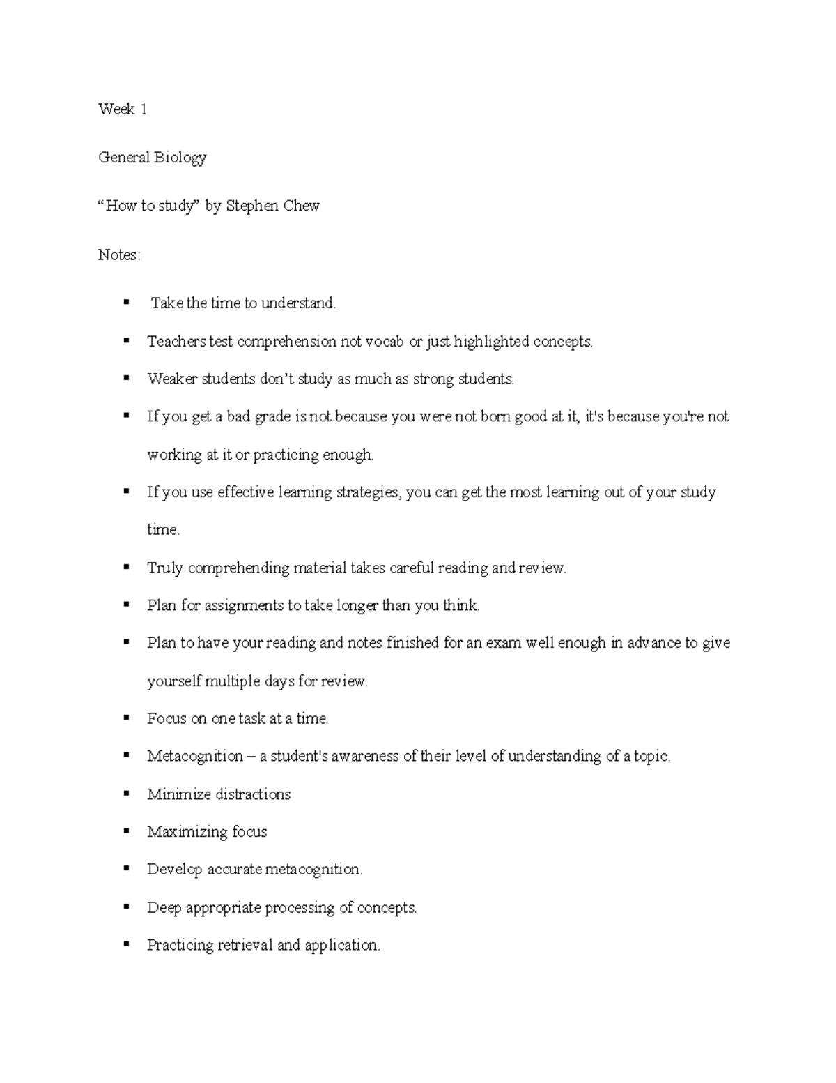 Week #1 How to study videos by Stephen Crew - Week 1 General Biology ...