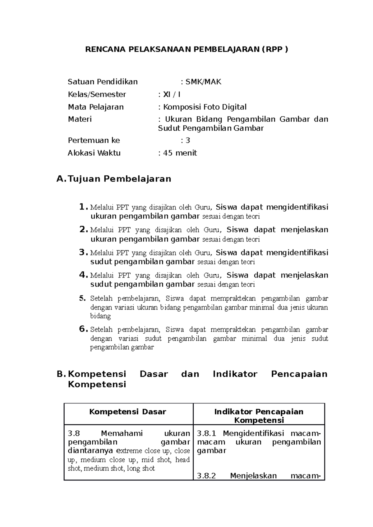 RPP SMK XI Ukuran Bidang dan Sudut Pengambilan Gambar - RENCANA ...