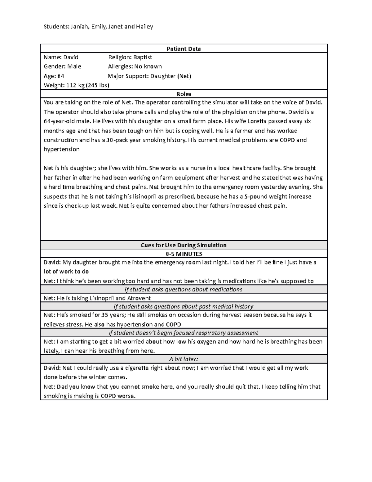 COPD-Student SIM-041522 - Patient Data Name: David Religion: Baptist ...