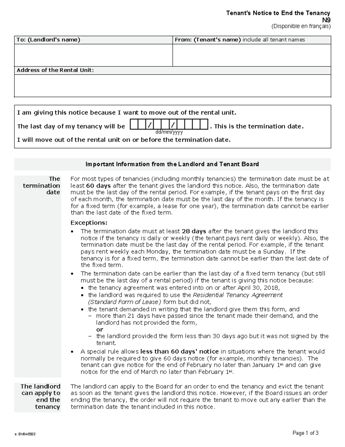 N9 - LTB N9 Form - Tenant's Notice to End the Tenancy N (Disponible en ...