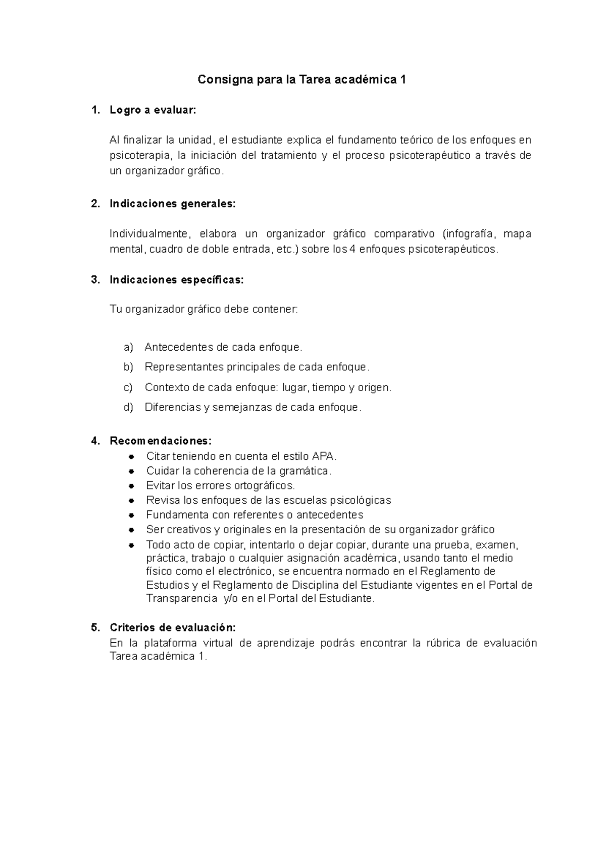 Consigna TA1 - cosigna TA1 - Consigna para la Tarea académica 1 1. Logro a evaluar: Al finalizar ...