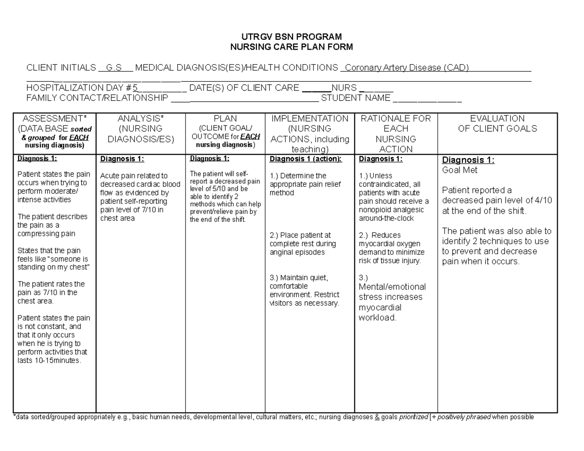 Week 6- AH2 11 - Assignment - UTRGV BSN PROGRAM NURSING CARE PLAN FORM ...