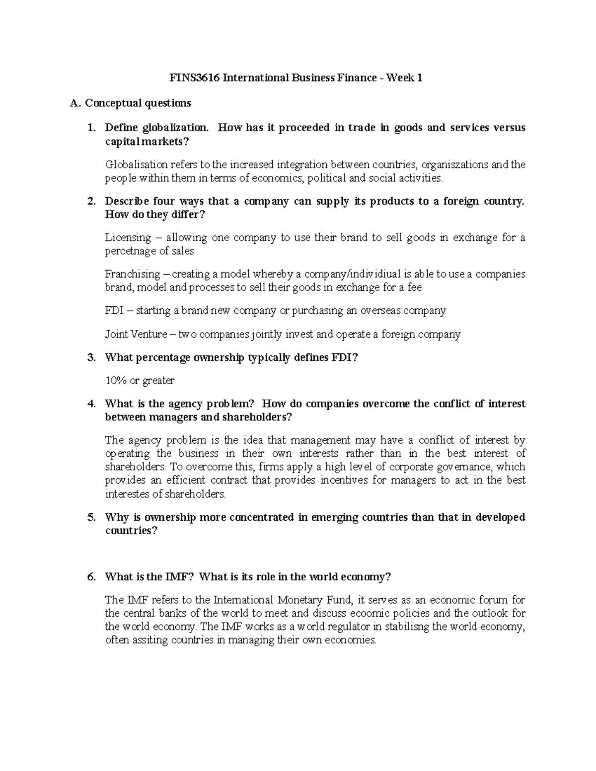 FINS 3616 Tutorial Questions-Week 1 - FINS3616 International Business ...
