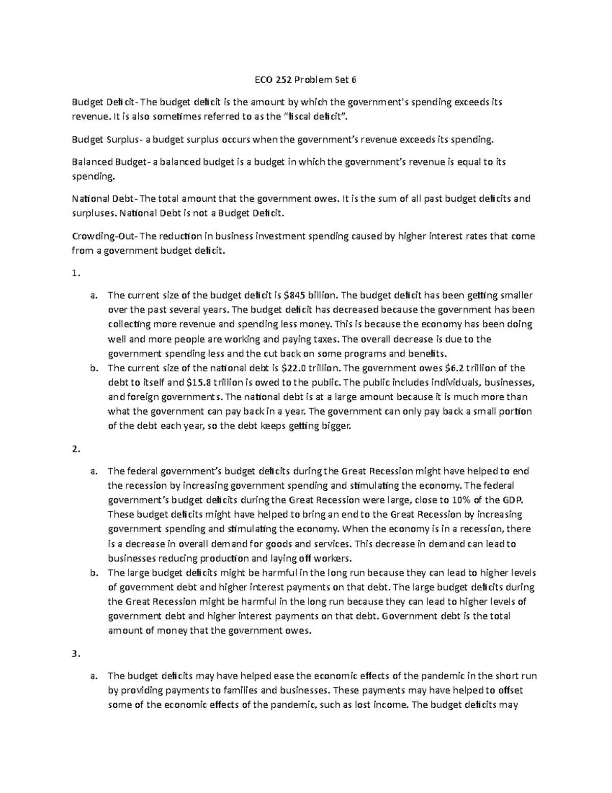 ECO 252 Problem Set - ECO 252 Problem Set 6 Budget Deficit- The budget ...