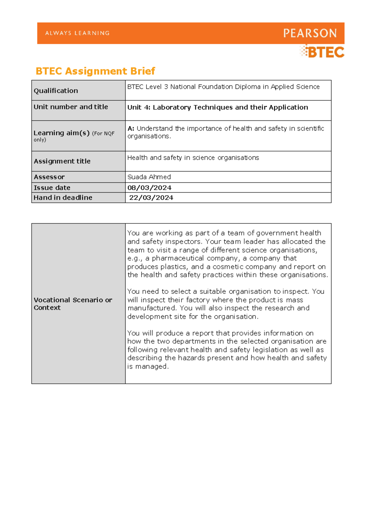 Unit 4.1 Assignment brief - BTEC Assignment Brief Qualification BTEC ...