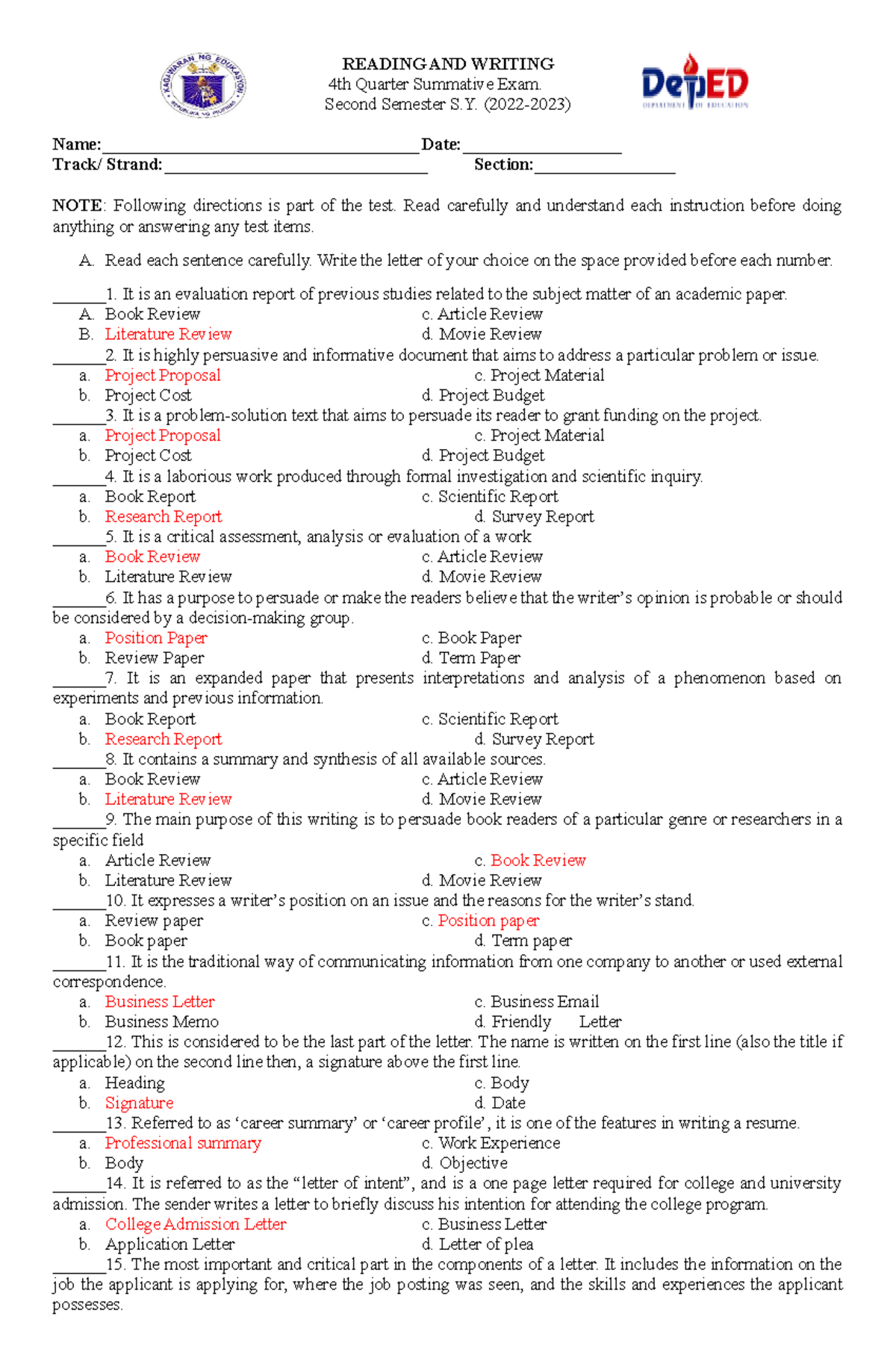 Reading AND Writing 4th Quarter Summative - Copy - READING AND WRITING ...