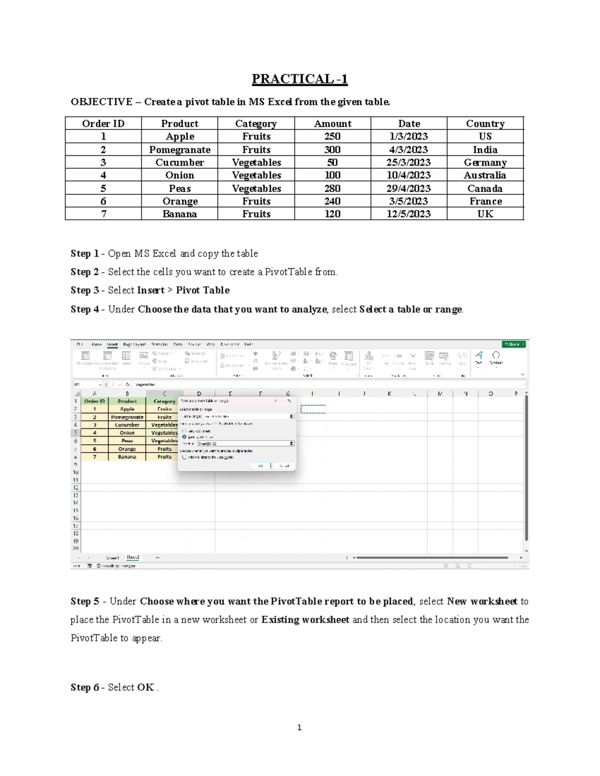 Index - PRACTICAL - OBJECTIVE – Create a pivot table in MS Excel from the given table. Order ID ...