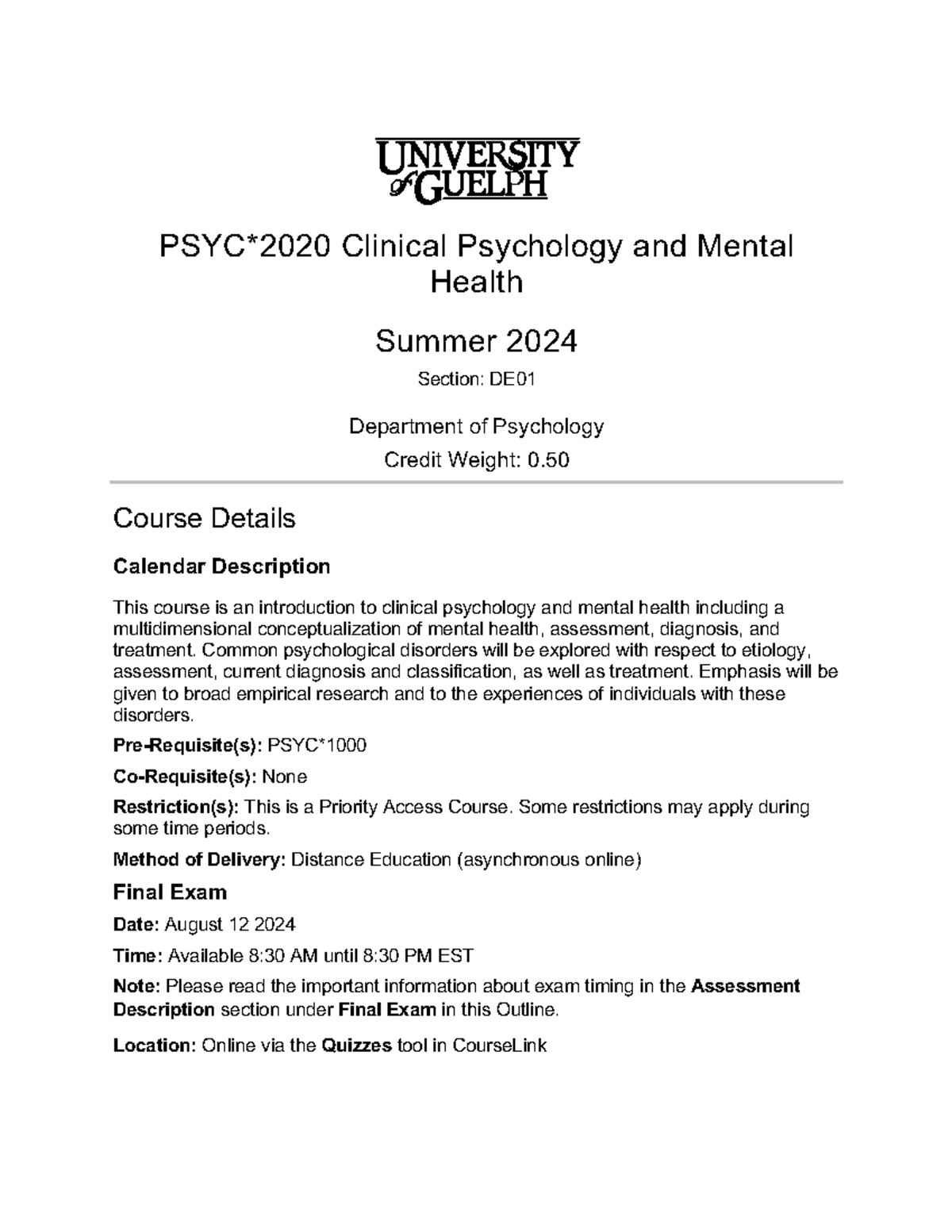 Course Outline PSYC2020 DE S24 - PSYC* 2020 Clinical Psychology and ...