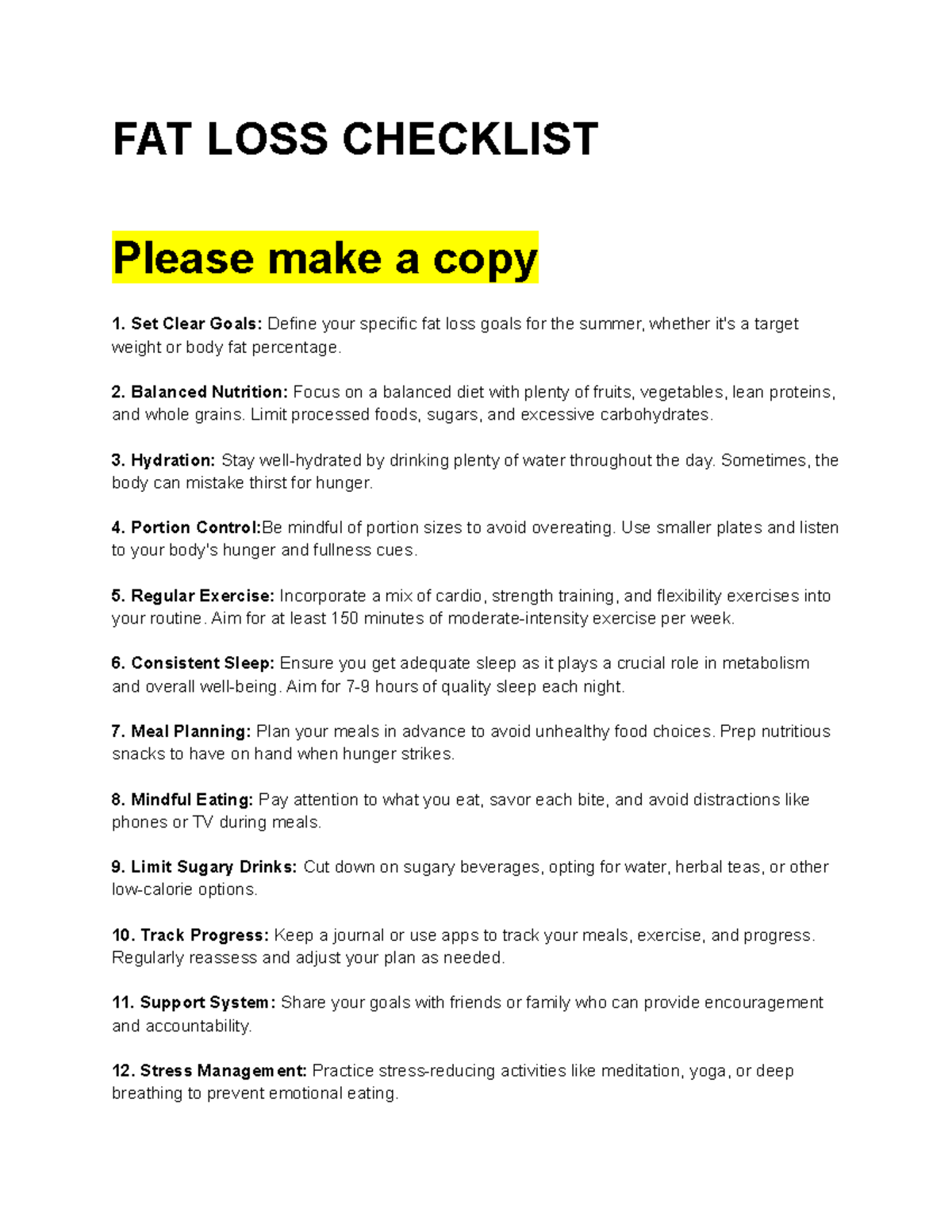 Fatloss Checklist Summer - FAT LOSS CHECKLIST Please make a copy Set ...