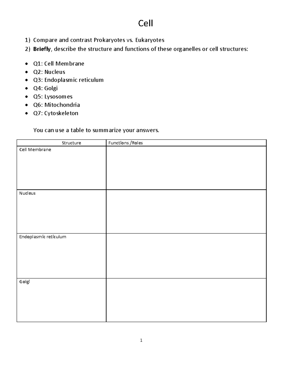 File 4 (Cells) - Notes - BIOL 240 - 1 Cell 1) Compare and contrast ...