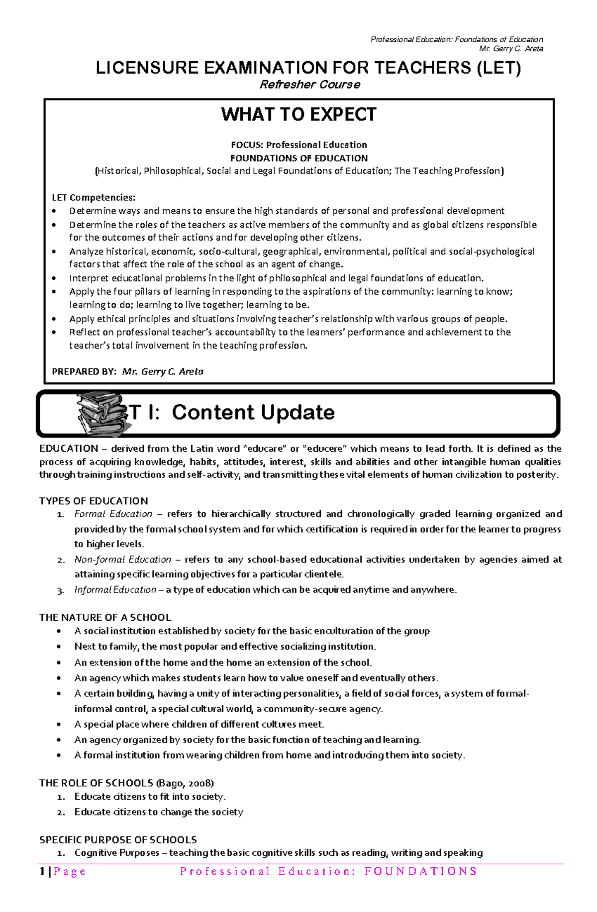 Licensure Examination FOR Teachers LET - EDUCATION – derived from the ...