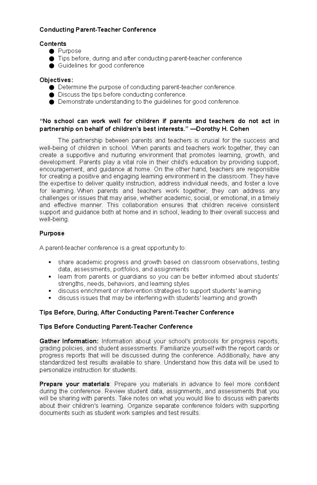 Conducting Parent-Teacher Conference - Written Report - Conducting ...