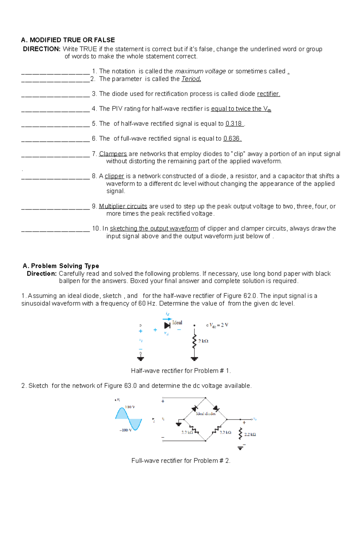 Electronic Devices and Circuits practice problem 3 - A. MODIFIED TRUE ...