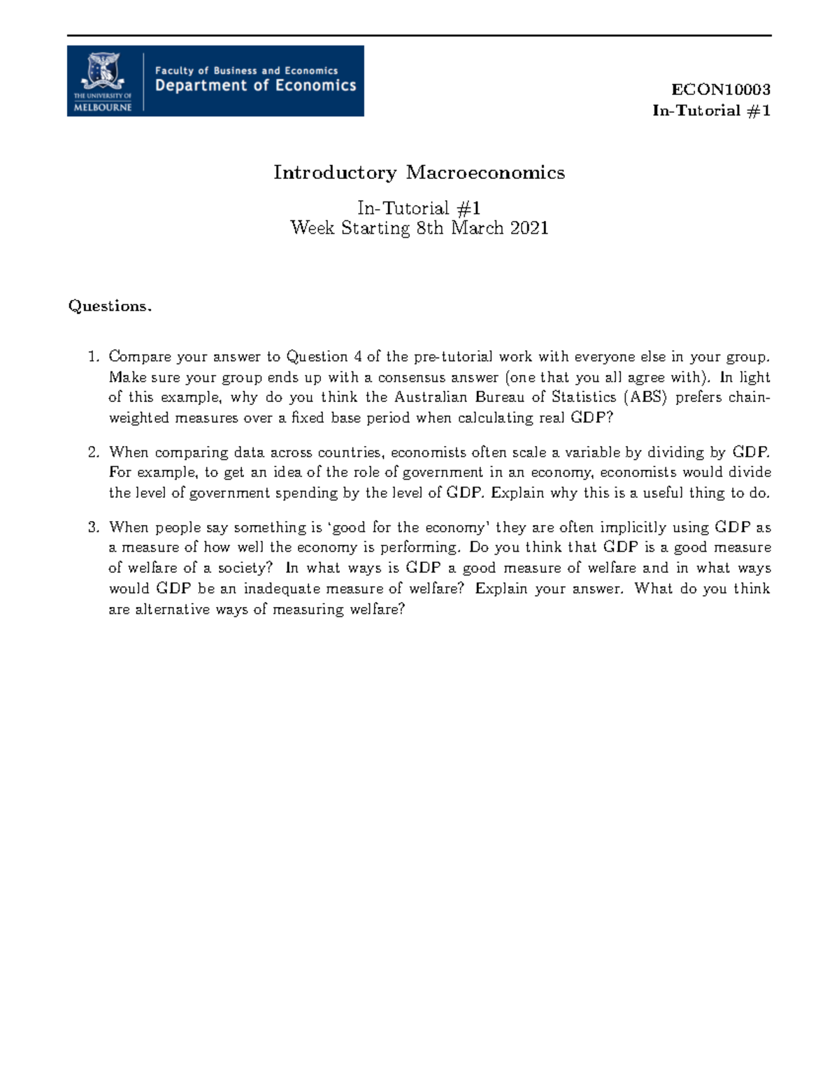 Solutions for tutorial week 1 - ECON10003 - Unimelb - Studocu