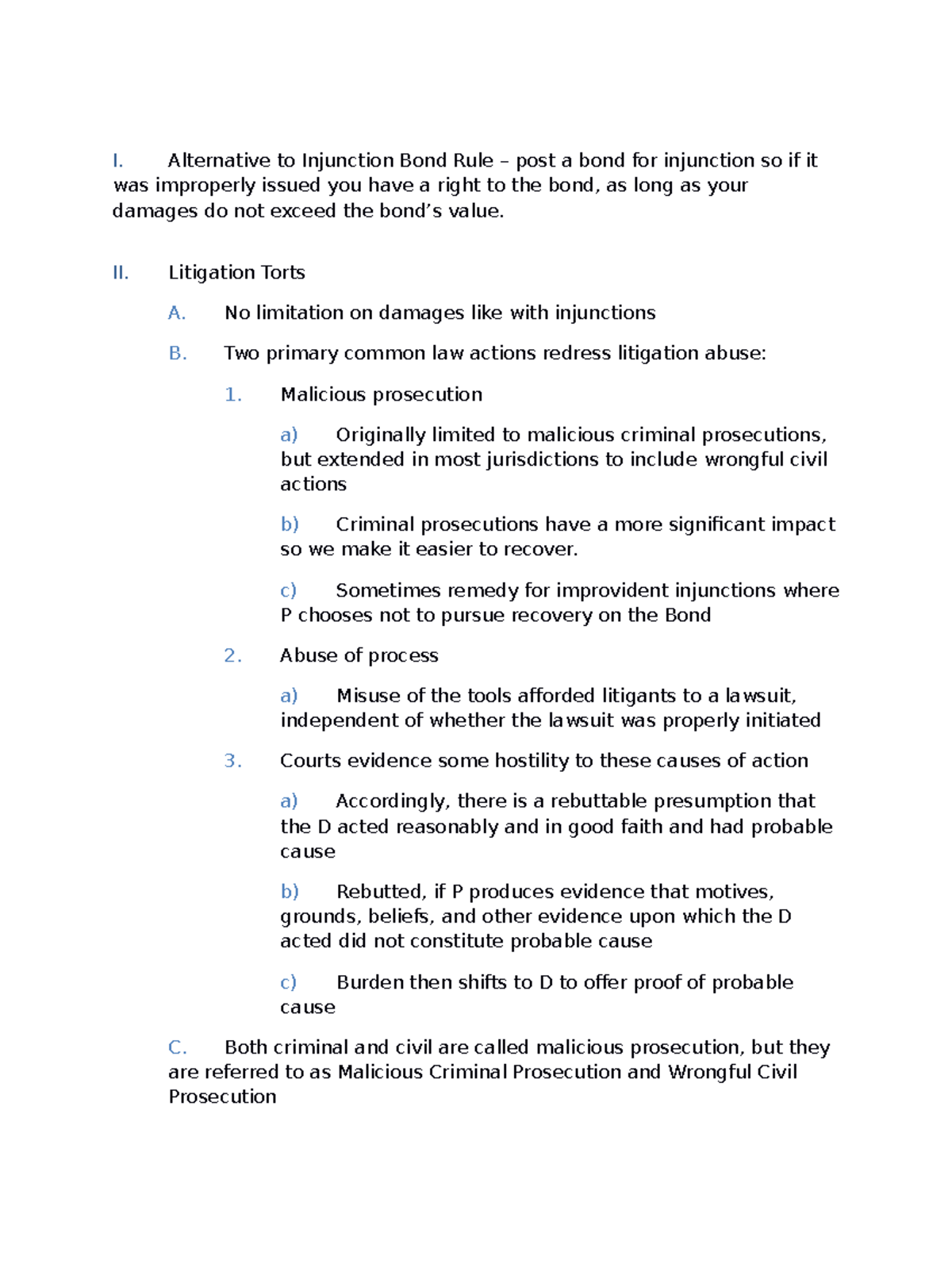 Litigation Torts - outline - I. Alternative to Injunction Bond Rule ...