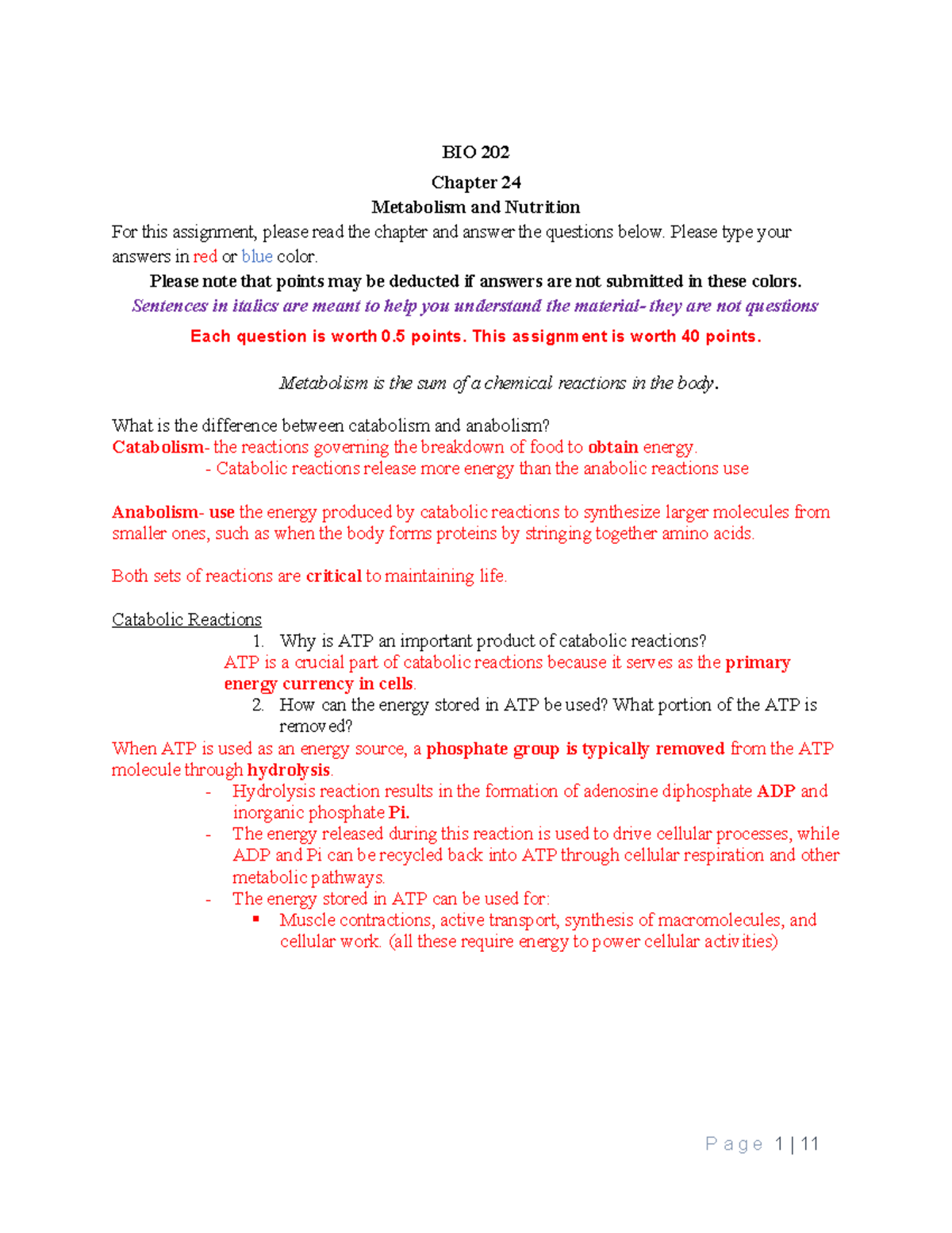 BIO 202 Chapter 24 assignment OPS completed - BIO 202 Chapter 24 Metabolism and Nutrition For ...