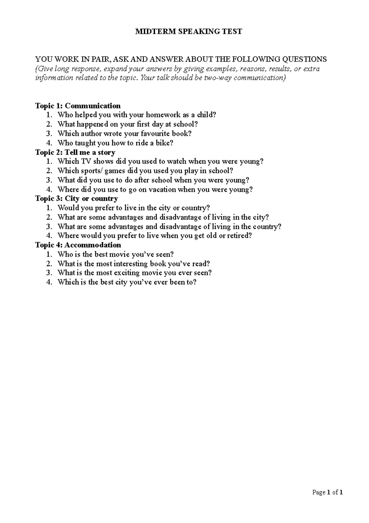 ĐỀ Speaking - MIDTERM SPEAKING TEST YOU WORK IN PAIR, ASK AND ANSWER ...