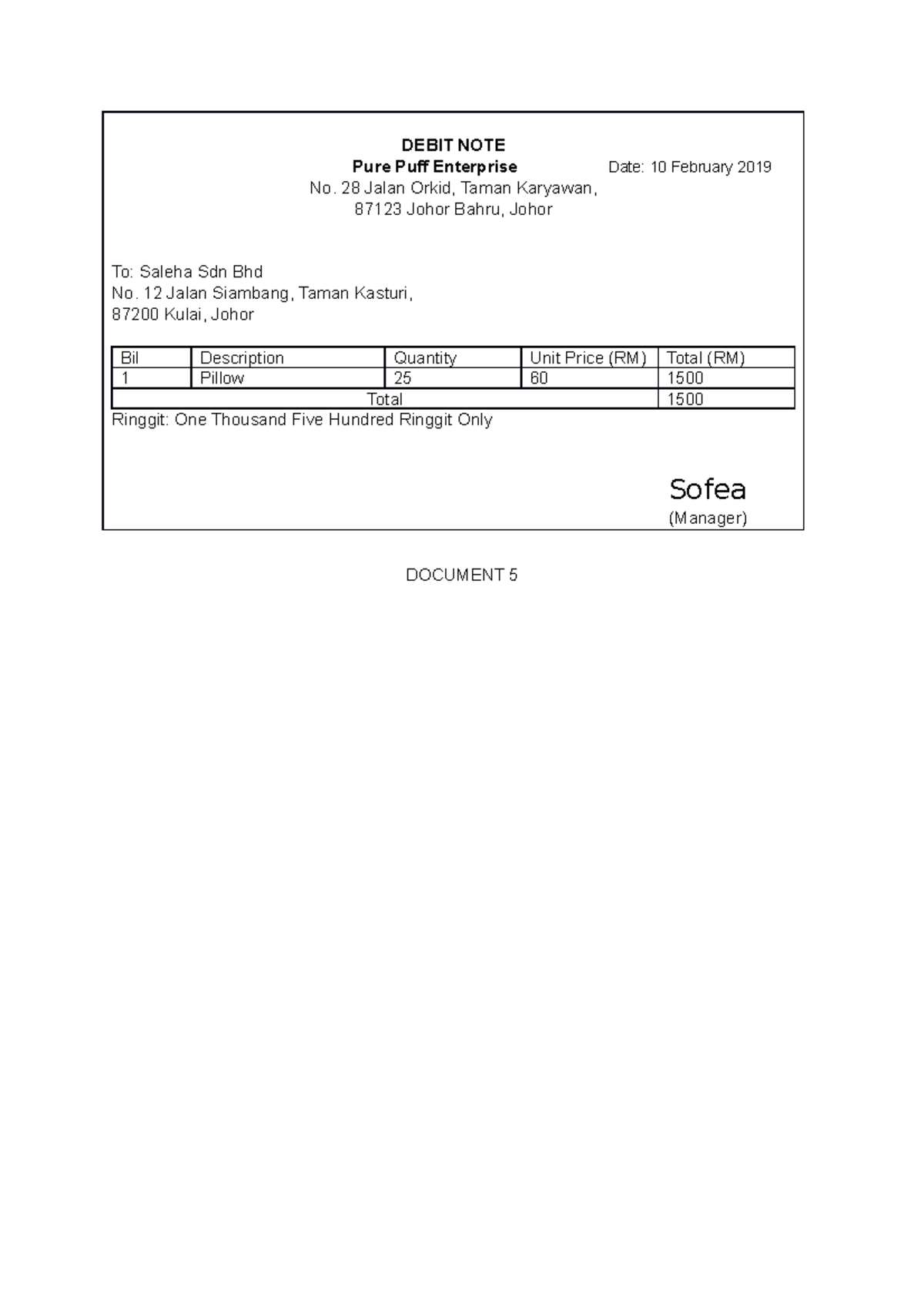 Source Document Far 110 - DEBIT NOTE Pure Puff Enterprise Date: 10 ...