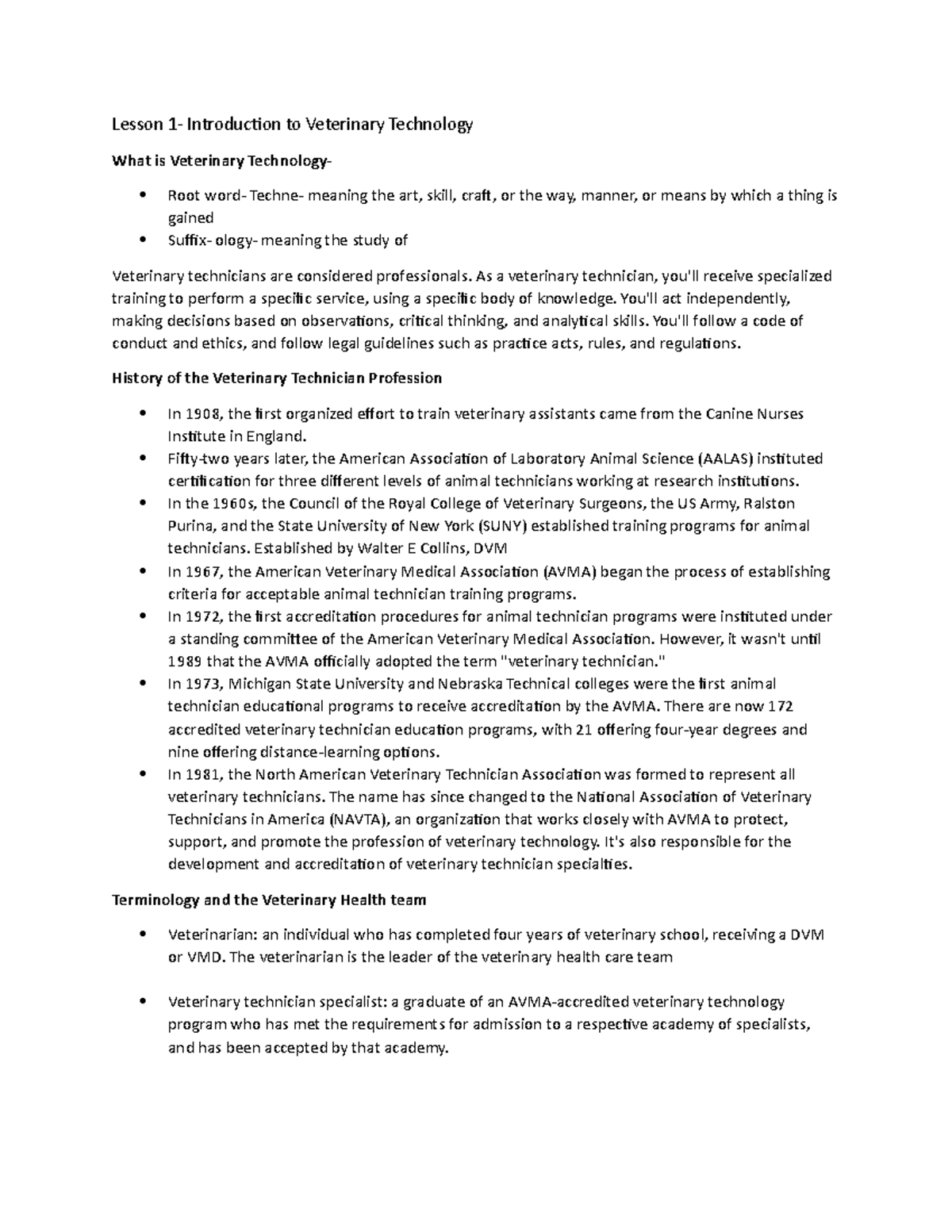 Introduction to Veterinary Technology - Studocu