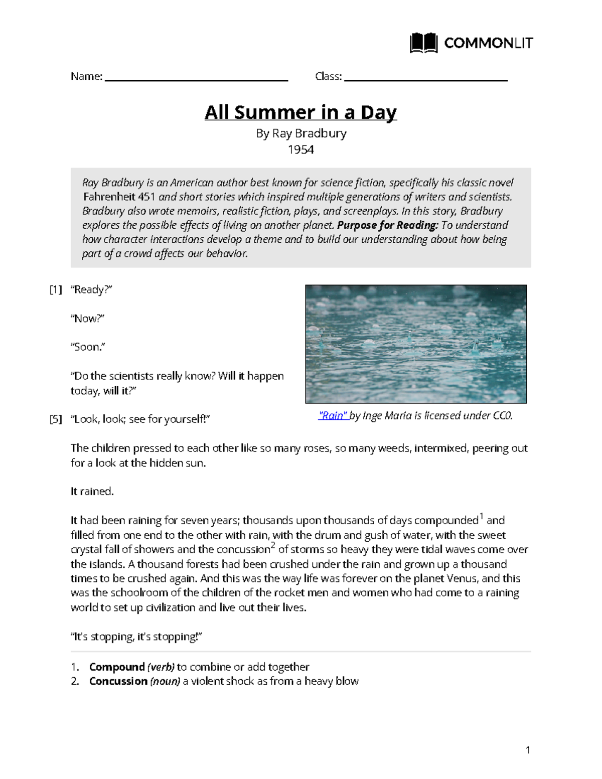 All Summer in a Day - oasj;fajkskljasgkljgsakjl - Name: Class: "Rain ...