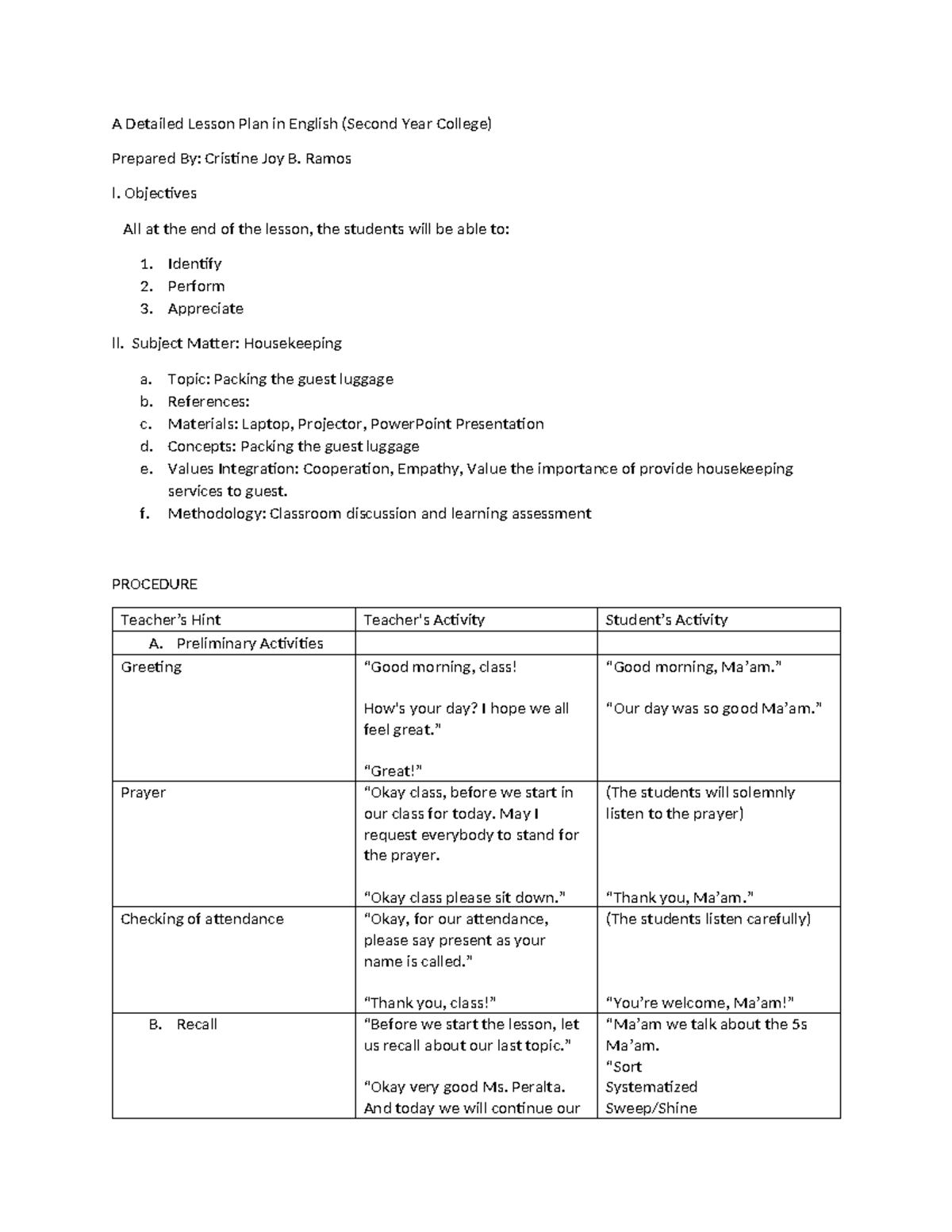 Lesson Plan ( Joy Ramos ) - A Detailed Lesson Plan in English (Second ...
