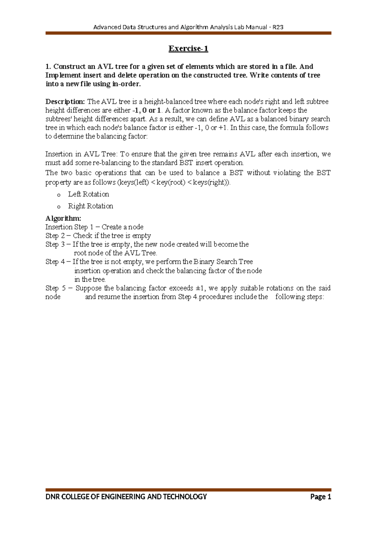 ADS LAB Manual student copy - Exercise- 1. Construct an AVL tree for a given set of elements ...