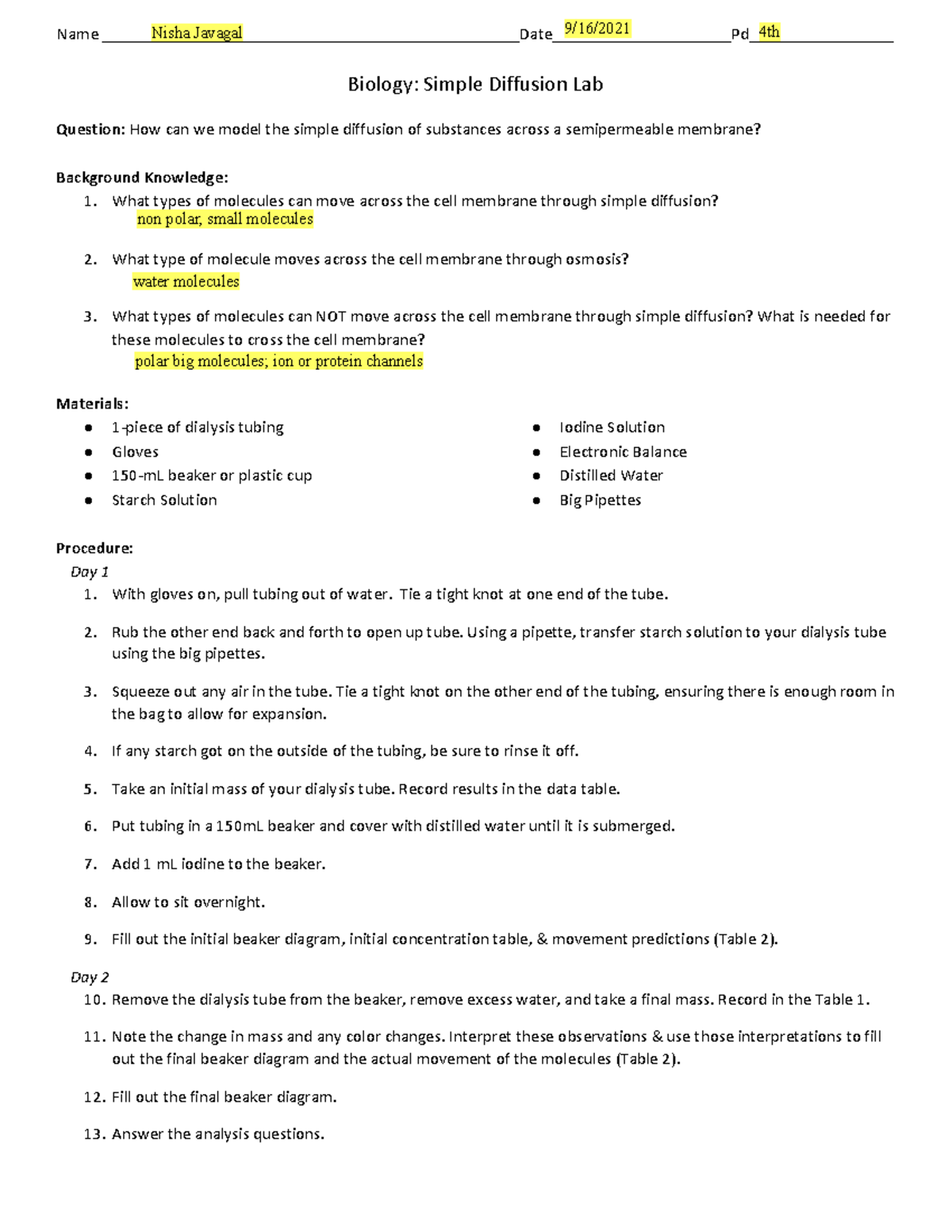 Biology 1 - Simple+Diffusion+Dialysis+Lab KEY - Name - Studocu