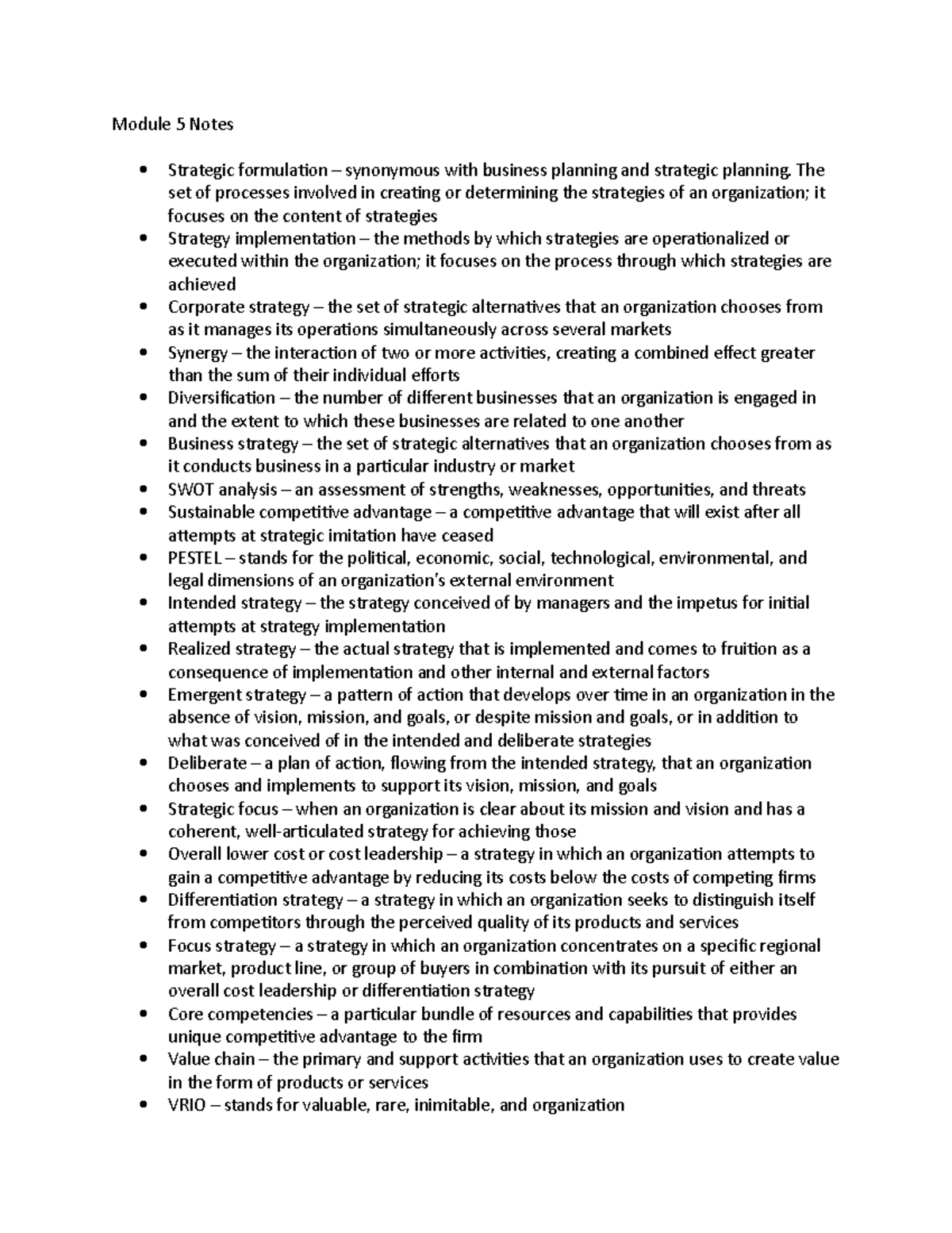 Module 5 Notes - Module 5 Notes Strategic formulation – synonymous with ...