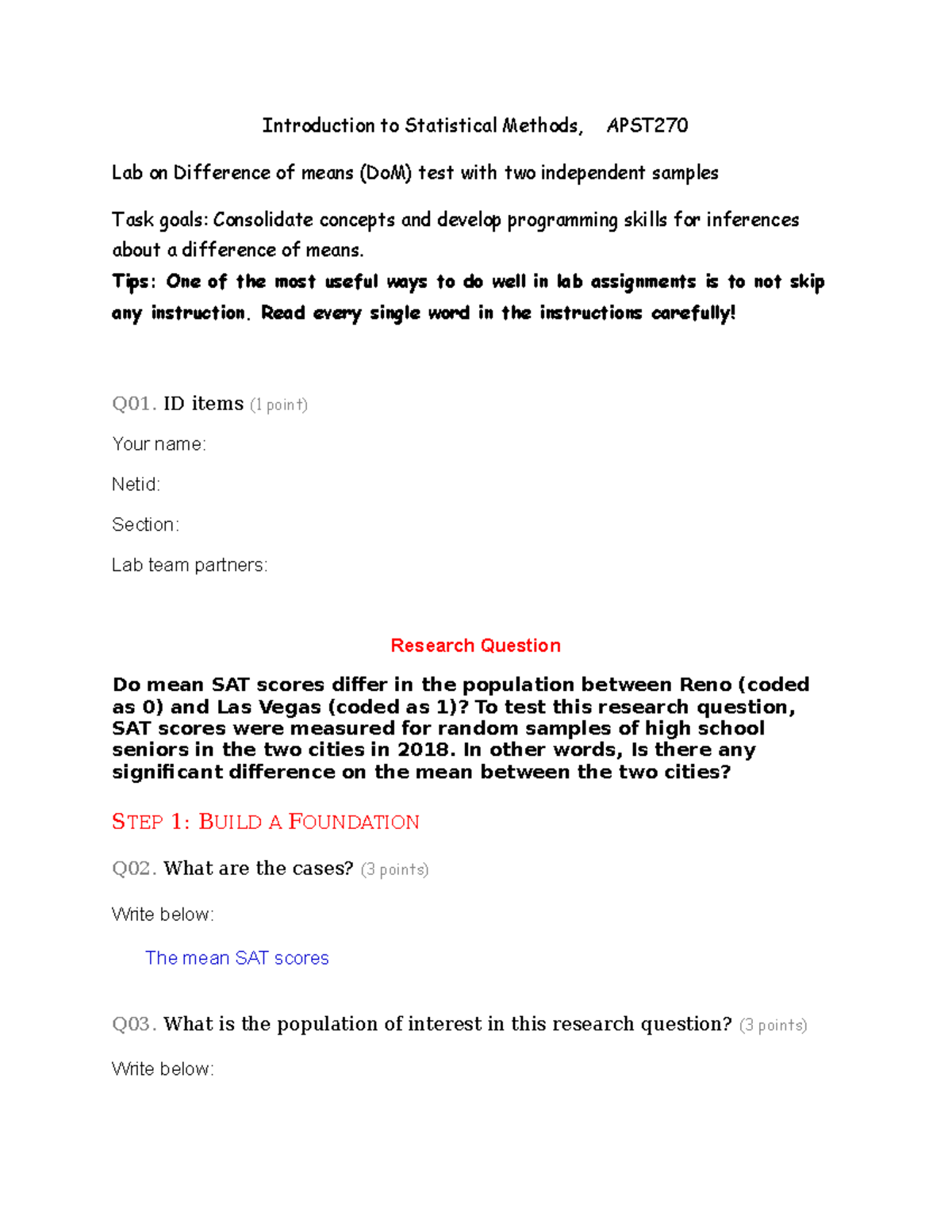 Week 7 Lab Report Introduction To Statistical Methods Apst Lab On Difference Of Means Dom