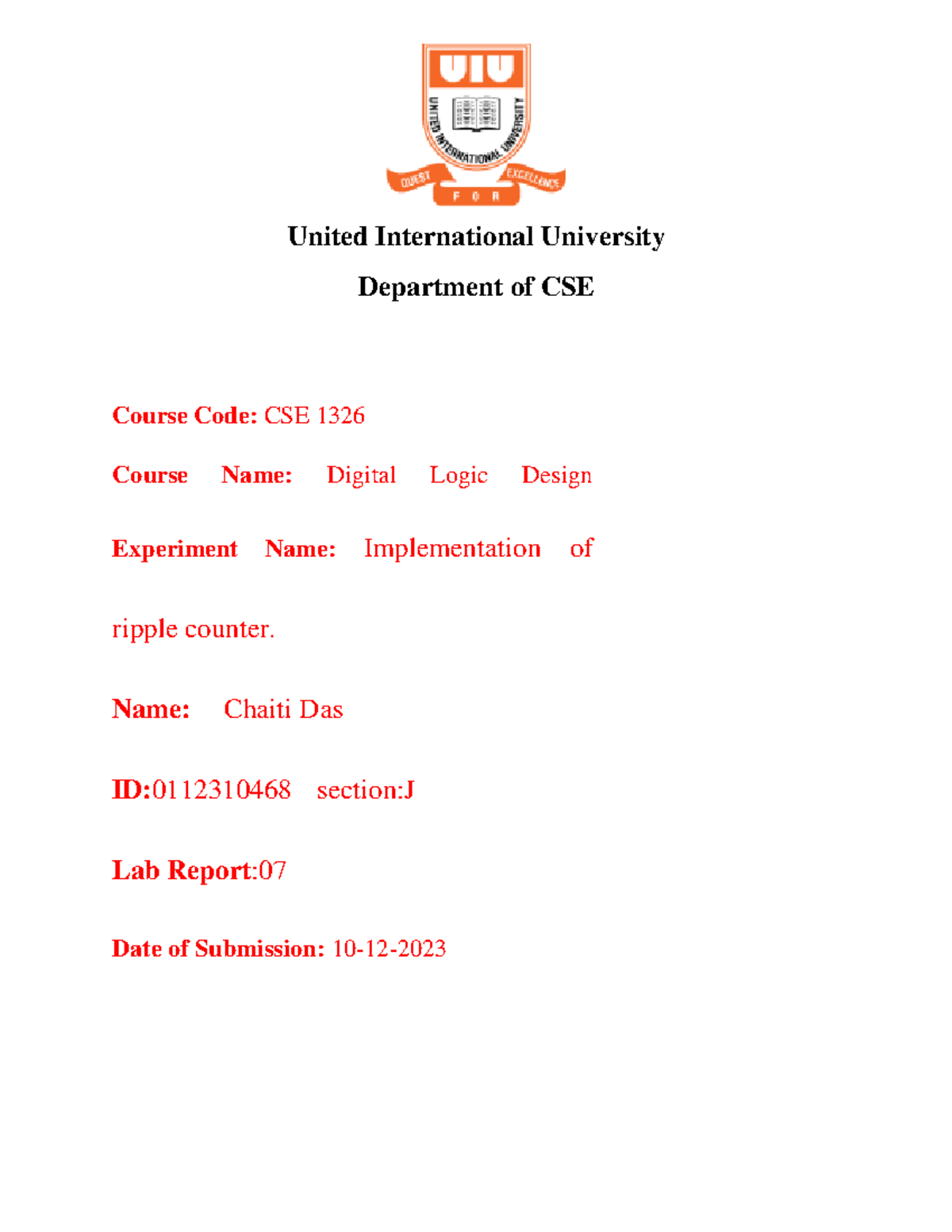Digital Logic Design lab 07 - United International University Department of CSE Course Code: CSE ...