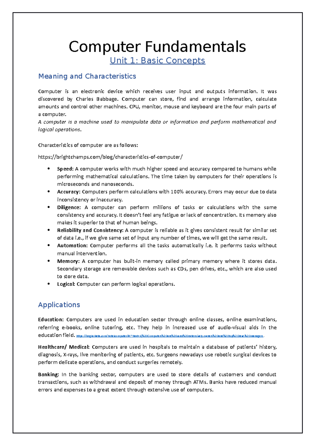Computer Fundamentals Notes - Computer Fundamentals Unit 1: Basic ...