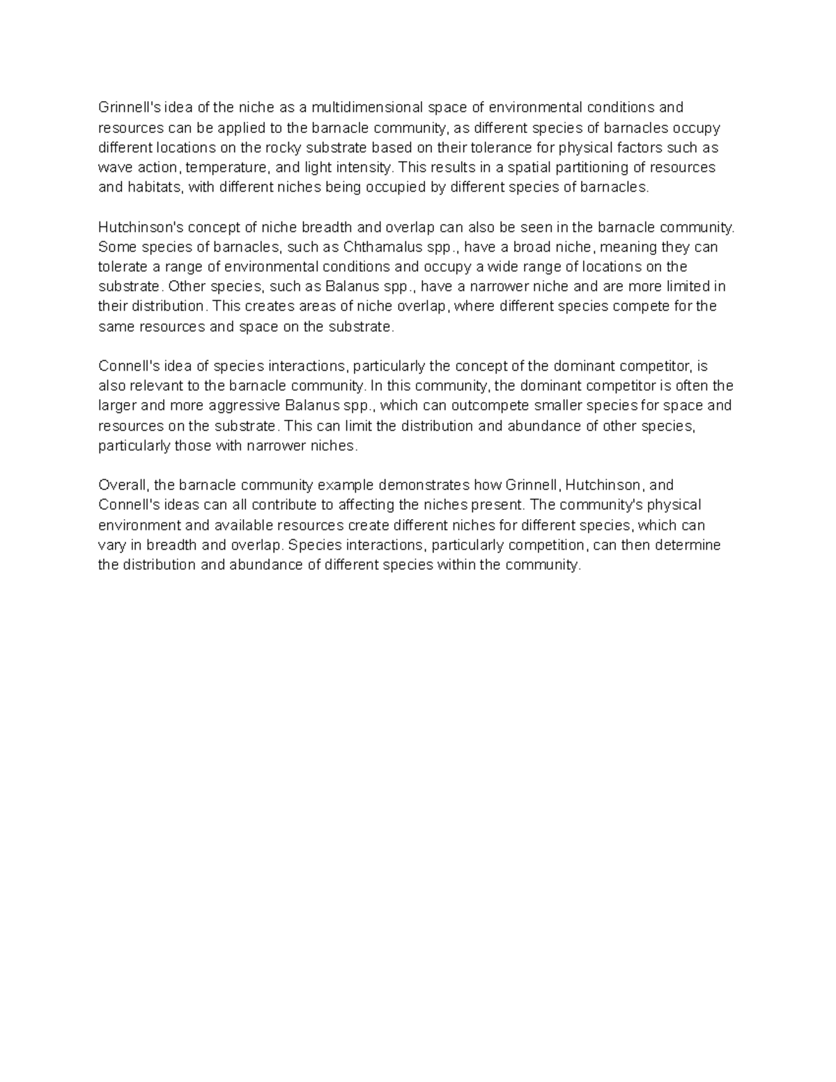 Taking the barnacle community from the paper as an example, argue for ...