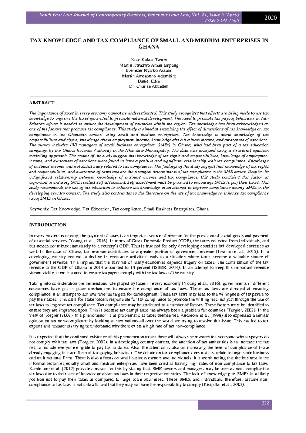 Tax Knowledge and Tax Compliance of Small - ISSN 2289- 2020 TAX ...