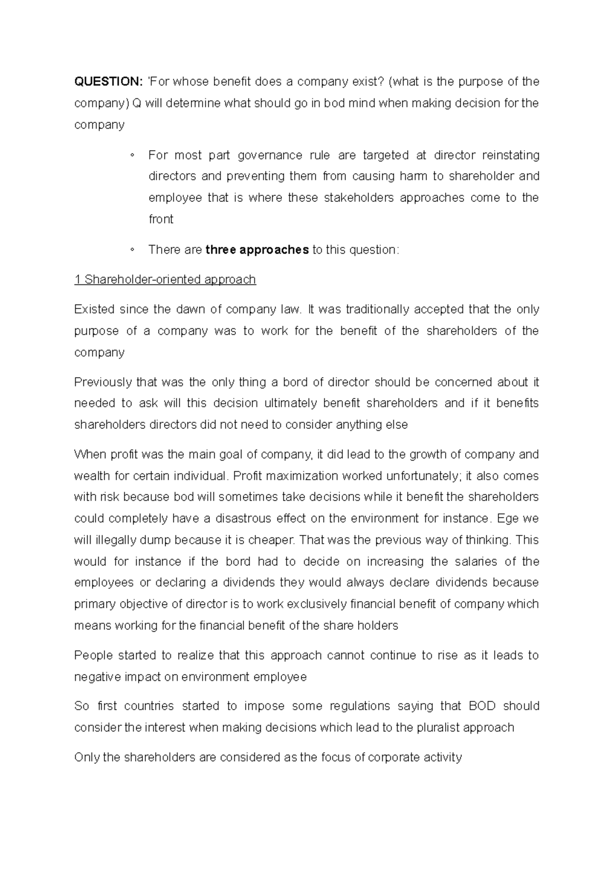 COR Notes ON 3 Approaches - QUESTION: ‘For whose benefit does a company ...