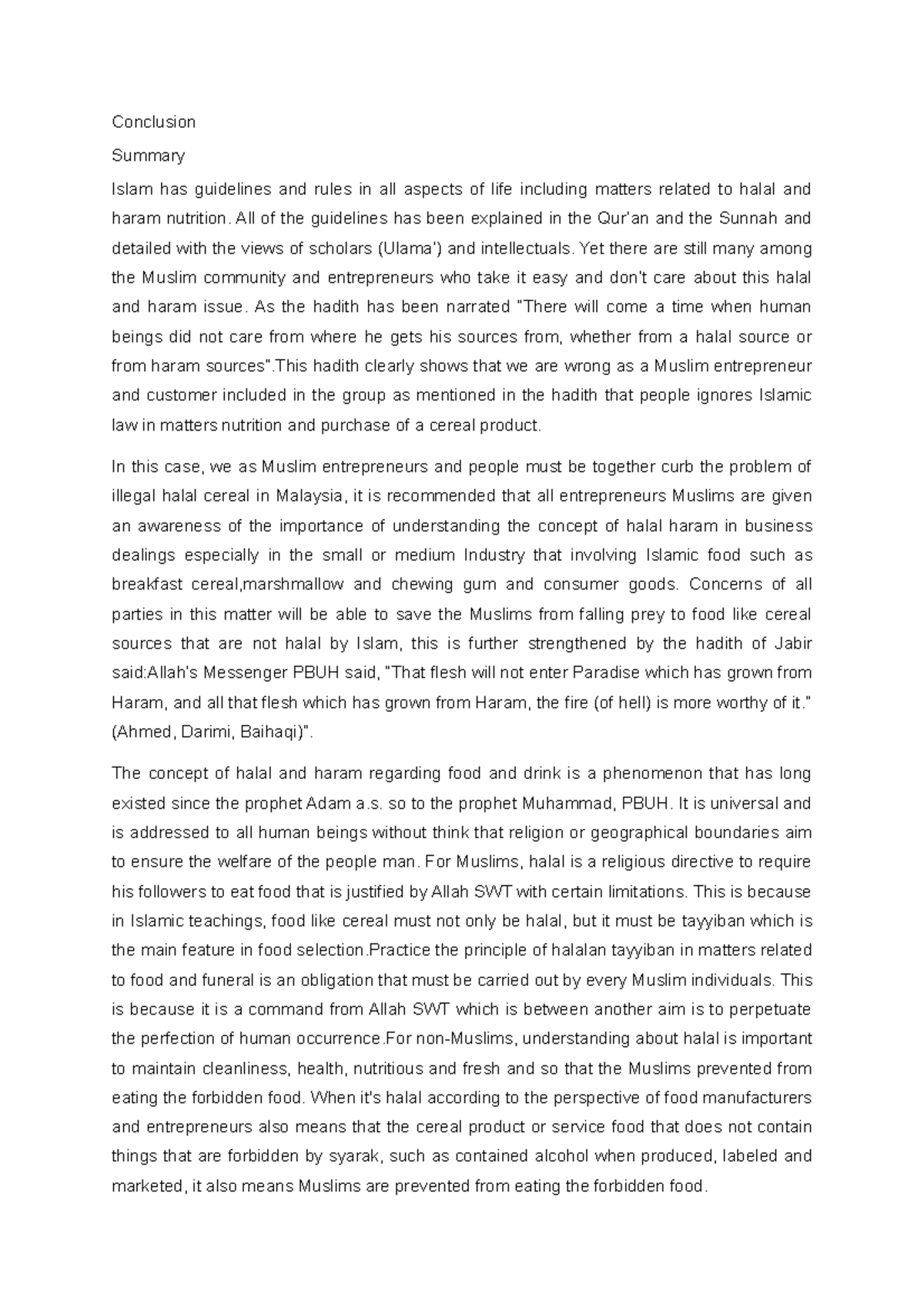 Conclusion ISH100 Study CASE - Conclusion Summary Islam has guidelines ...