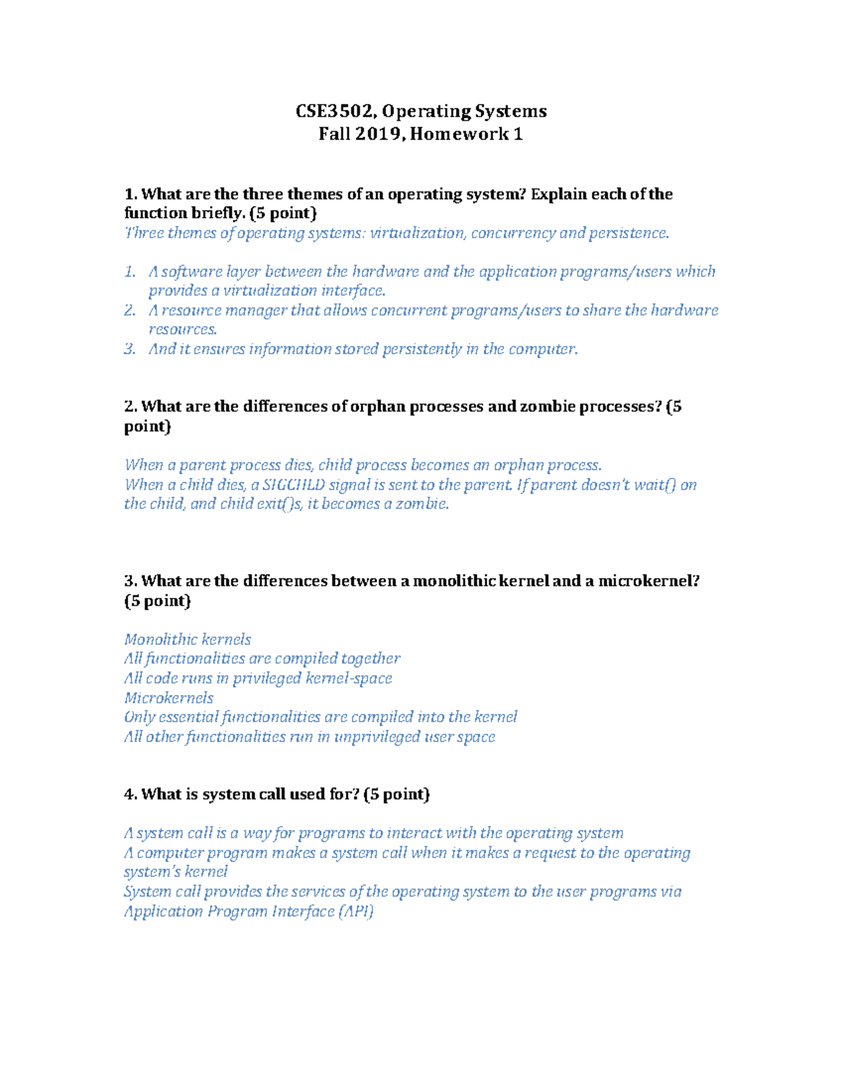 HW1 solutions for OS - CSE3502, Operating Systems Fall 2019, Homework ...
