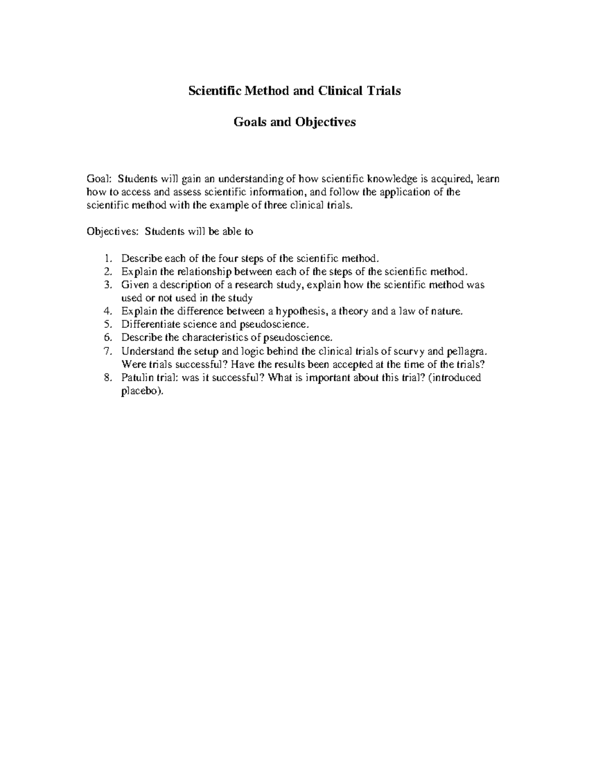 Scientific Method Goals and Objectives - Scientific Method and Clinical ...