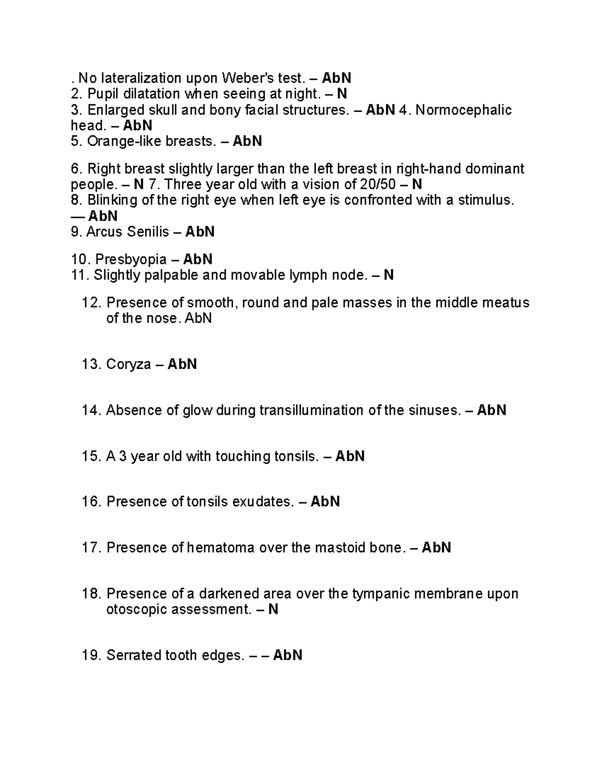 HA - H. Assessment - . No lateralization upon Weber's test. – AbN 2 ...