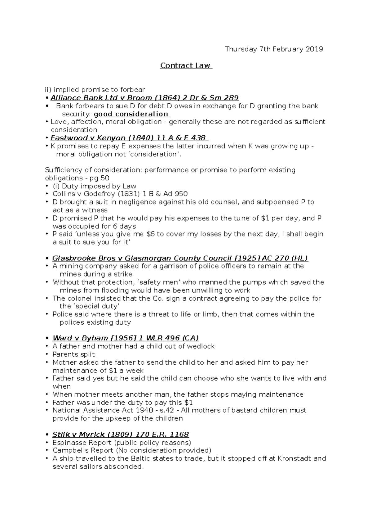 Contract Law - Consideration 2 - Thursday 7th February 2019 Contract ...