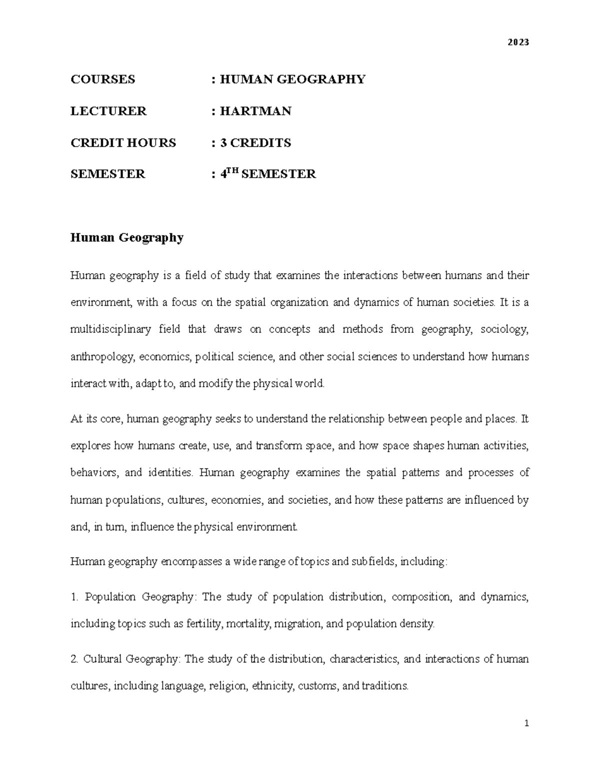 Human Geography - 2023 COURSES : HUMAN GEOGRAPHY LECTURER : HARTMAN ...