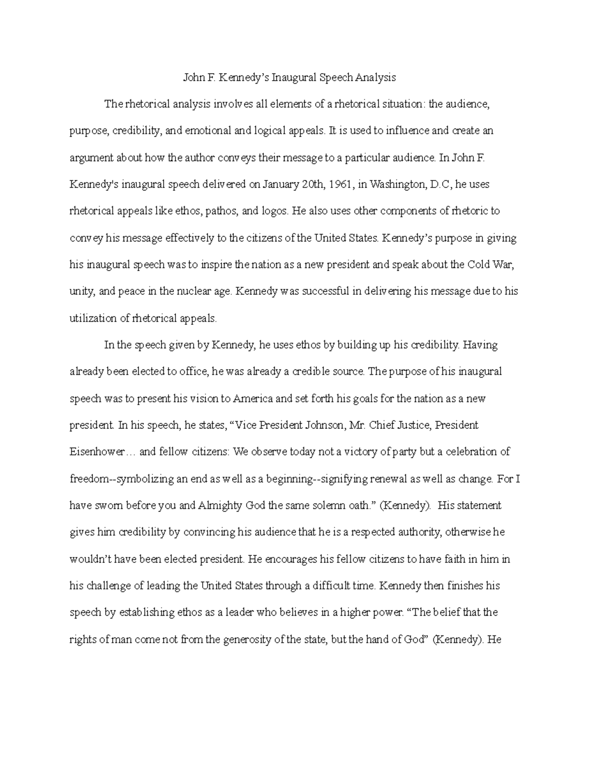 John F. Kennedys Inaugural speech analysis - John F. Kennedy’s ...