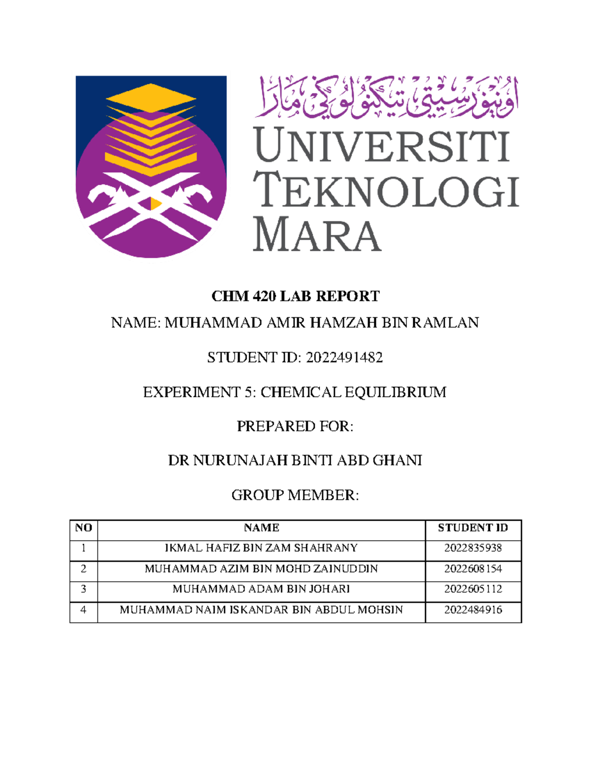 LAB Report CHM 420 Experiment 5 - CHM 420 LAB REPORT NAME: MUHAMMAD AMIR HAMZAH BIN RAMLAN ...